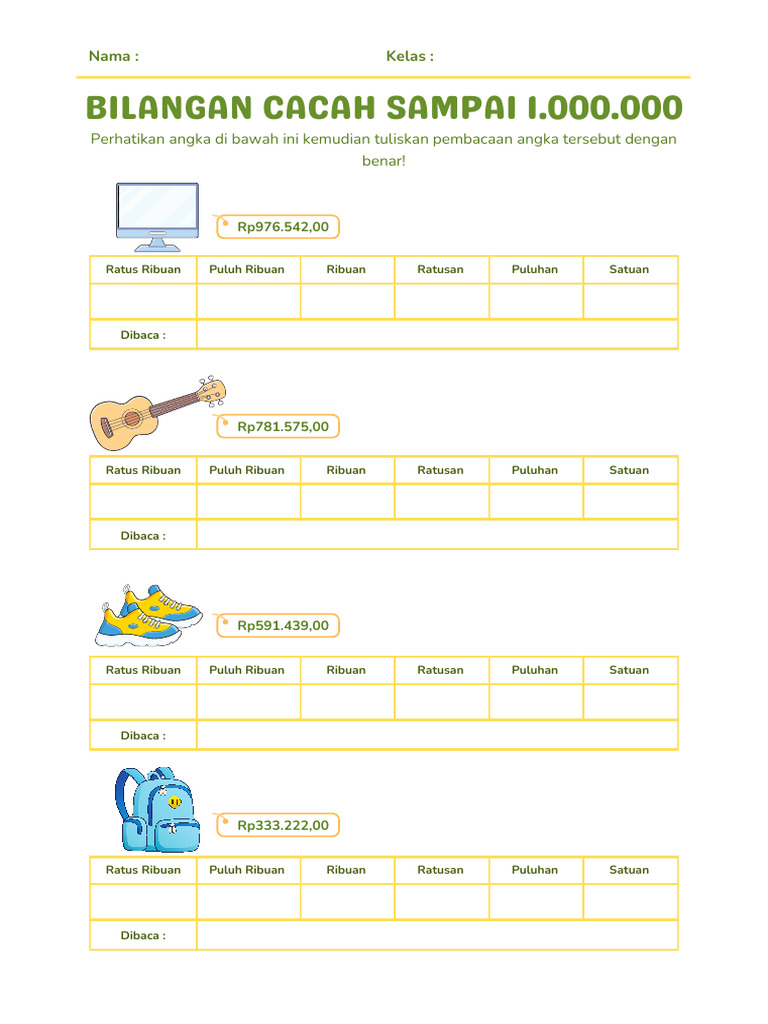 Bilangan Cacah Sampai Satu Juta Lembar Kerja Numerasi Matematika Uang ...