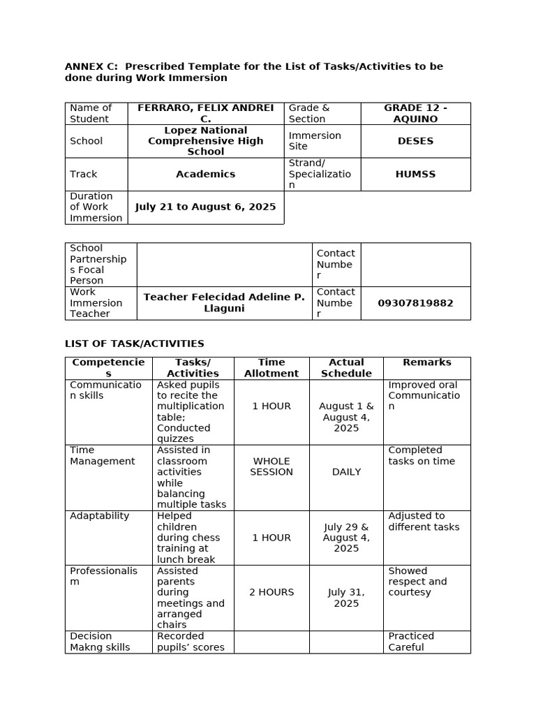 Annex C List of Tasks Activities | PDF | Learning