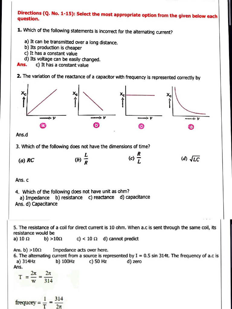 Alternating Current Physics Worksheet | PDF