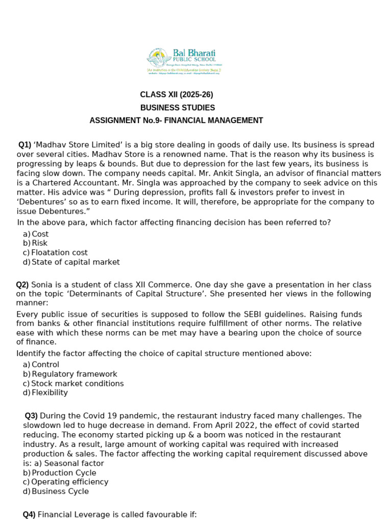 Class XII - Business Studies - Assignment No.9 - Financial Management ...