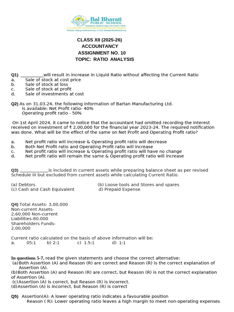 XII - Accountancy - Assignment No.10 - Ratio Analysis | PDF | Revenue | Debt