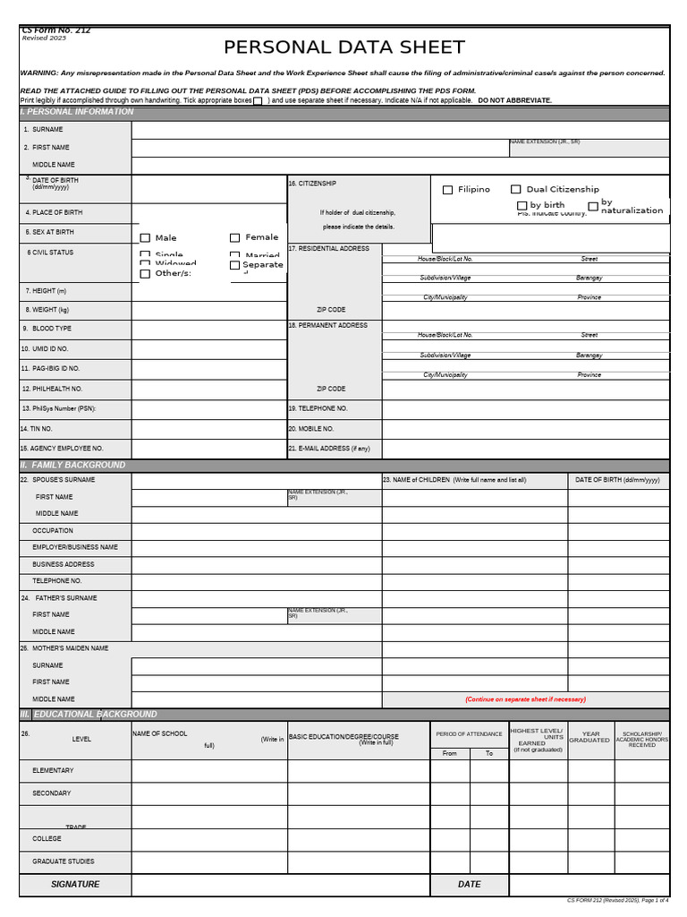 CS Form No. 212 Revised 2025 - Personal Data Sheet-with-WES | PDF | Government And Personhood ...