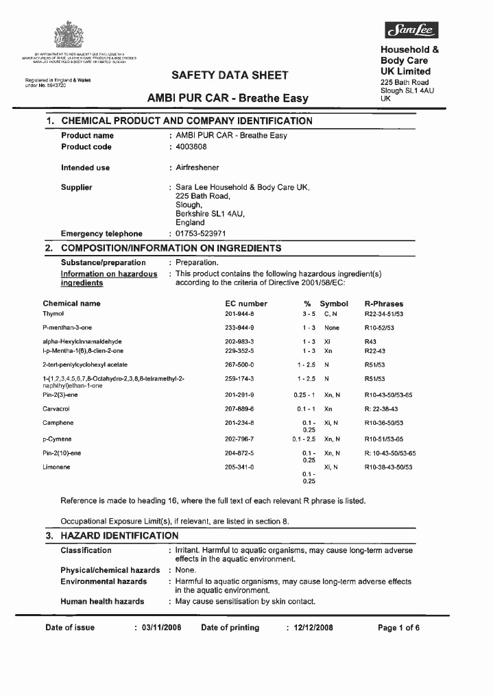 APB Ambi Pur Breathe Easy Air Freshener MSDS | PDF