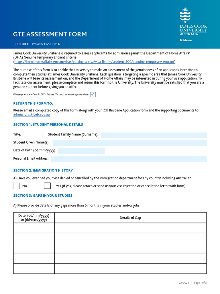 GTE Assessment Form for JCU Brisbane | PDF | Travel Visa | Fee