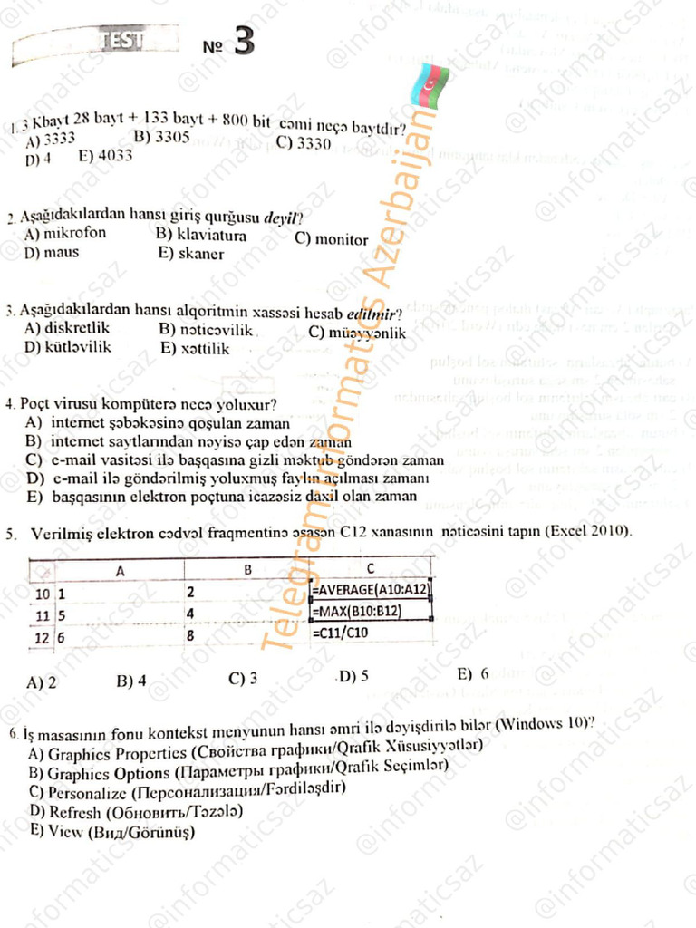 Sınaq Testi 3 Informatika DİM 25 Sual | PDF