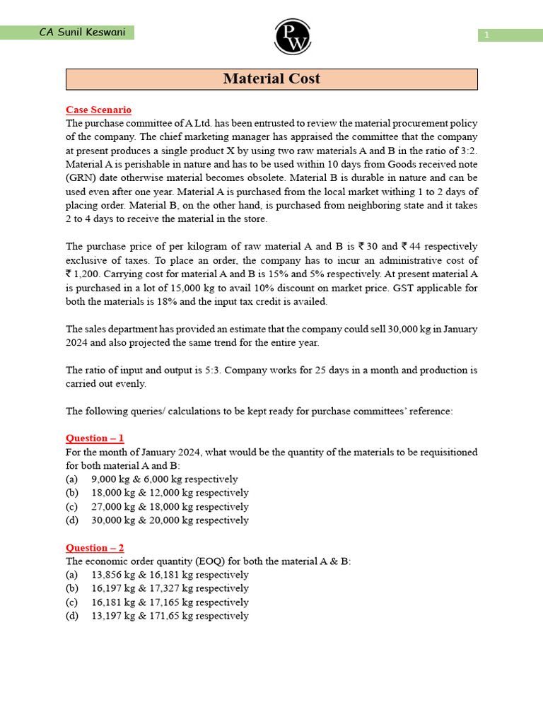 Material Procurement and Cost Analysis | PDF | Business Economics ...