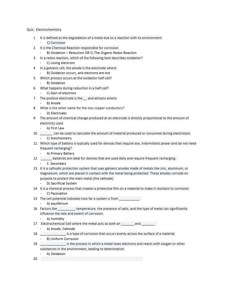 Answer Key Electrochemistry | PDF | Redox | Corrosion