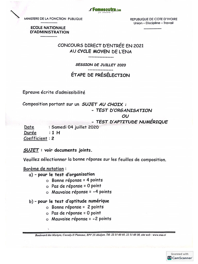 Concours Ena 2021 Cycle Moyen Présélection Epreuve Test D'organisation ...