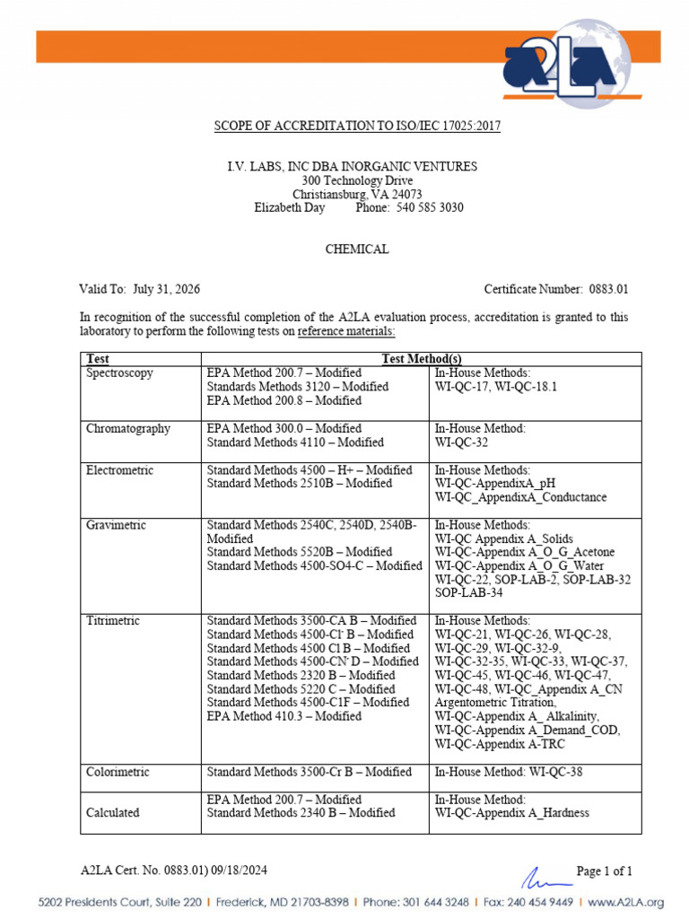 A2LA Accreditation for Chemical Testing | PDF