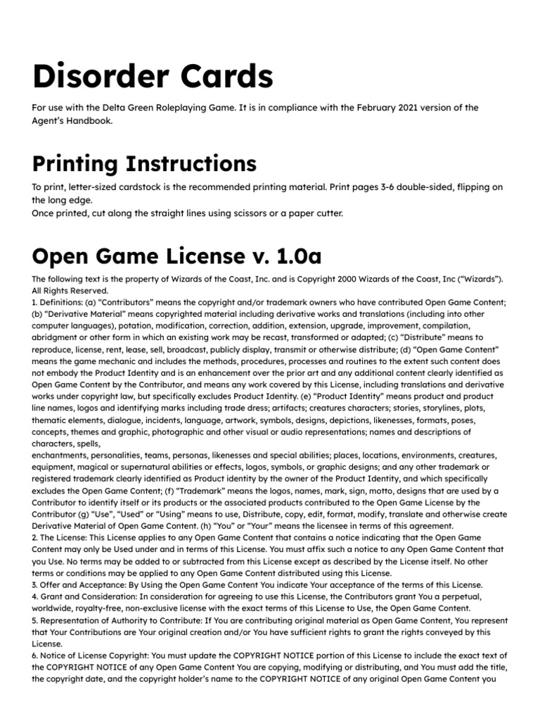 Delta Green Disorder Cards - Feb 2021 | PDF | License | Copyright