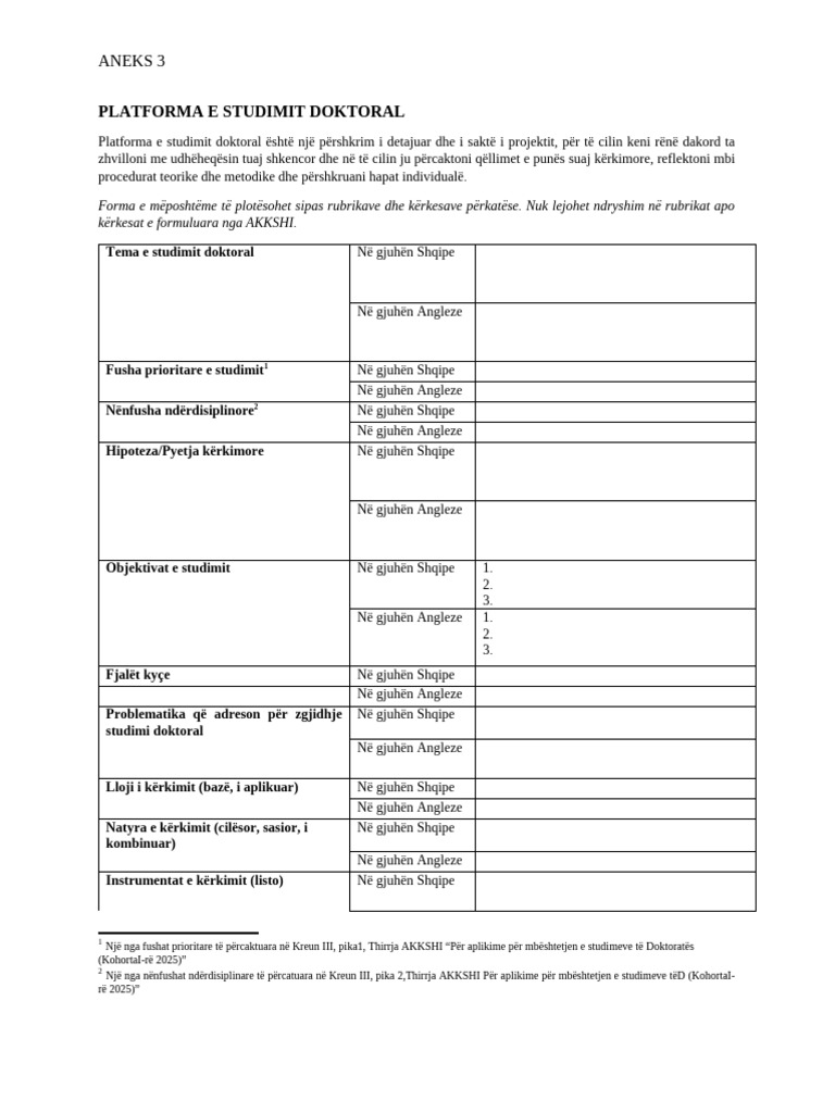 Aneks 3 - Platforma e Studimit Doktoral | PDF