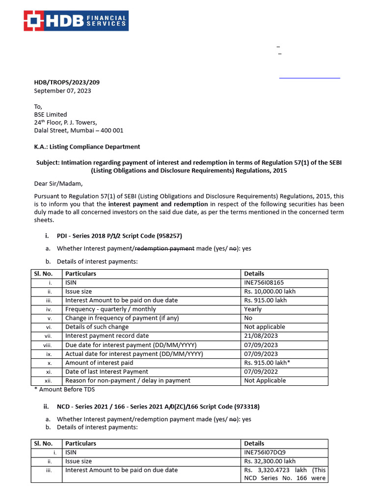 BSE Intimation Regarding Payment of Interest Redemption INE756I07DQ9 ...