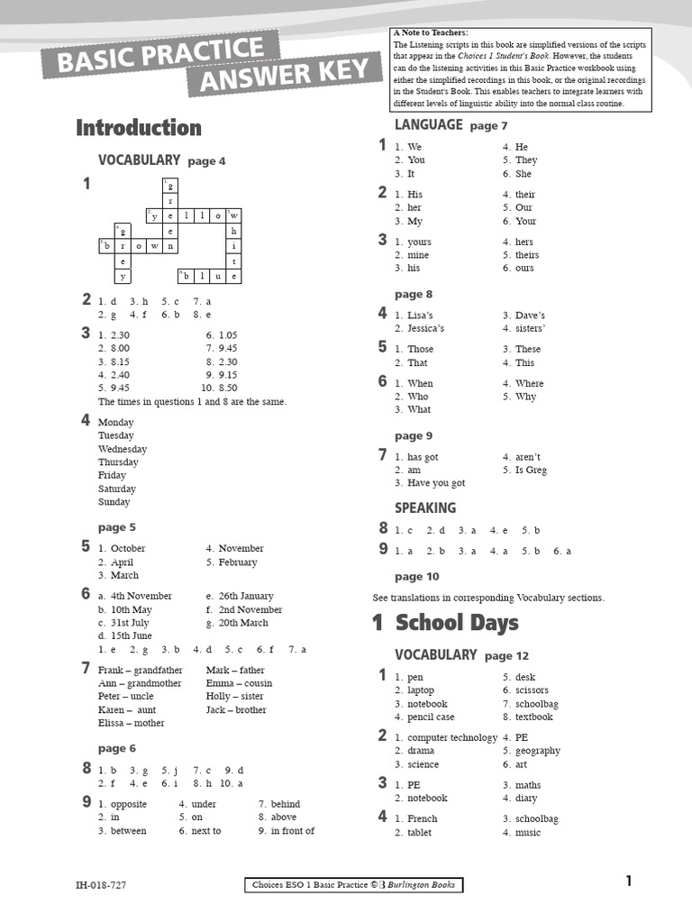 Basic Practice Answer Key for ESO 1 | PDF