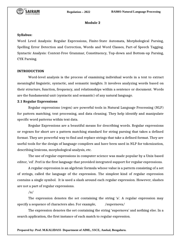 Bai601 NLP MODULE 2 Lecture Notes | PDF | Part Of Speech | Phrase