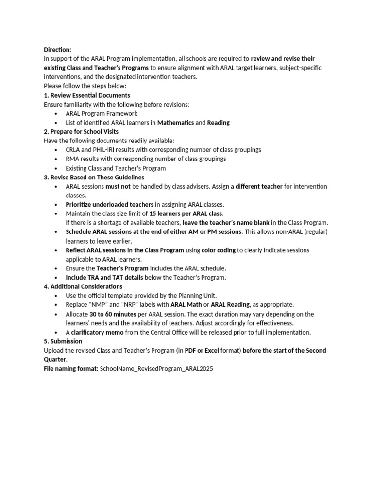 ARAL Program Class Revision Guidelines | PDF