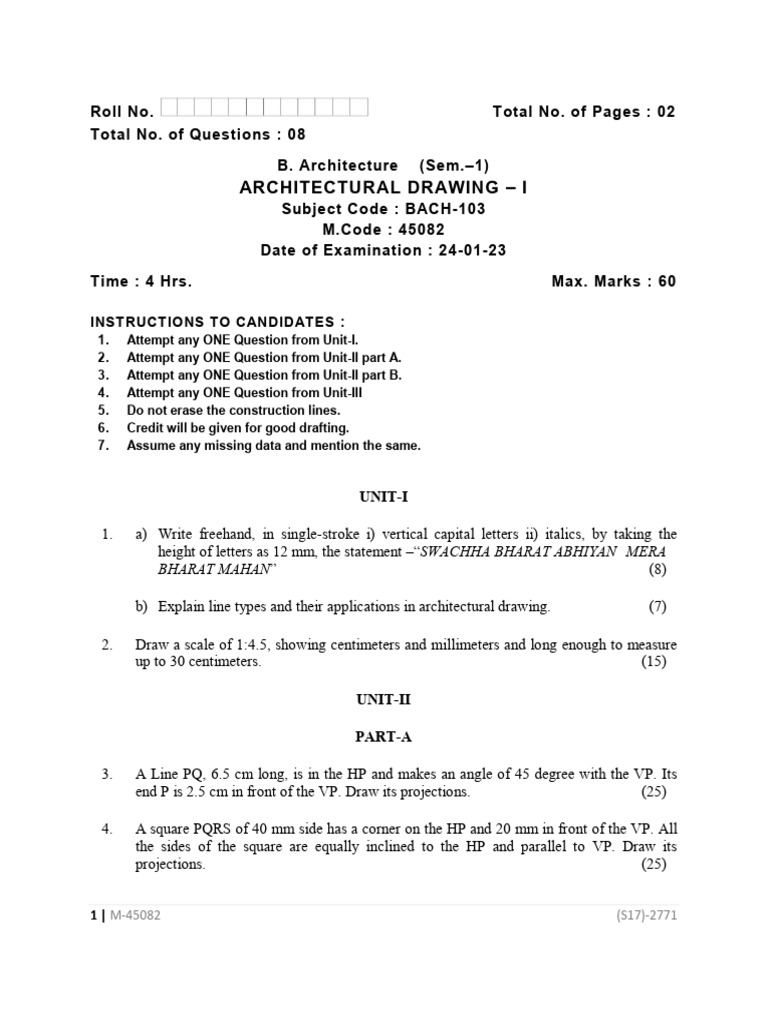 Architectural Drawing Exam Paper BACH-103 | PDF | Cartesian Coordinate ...