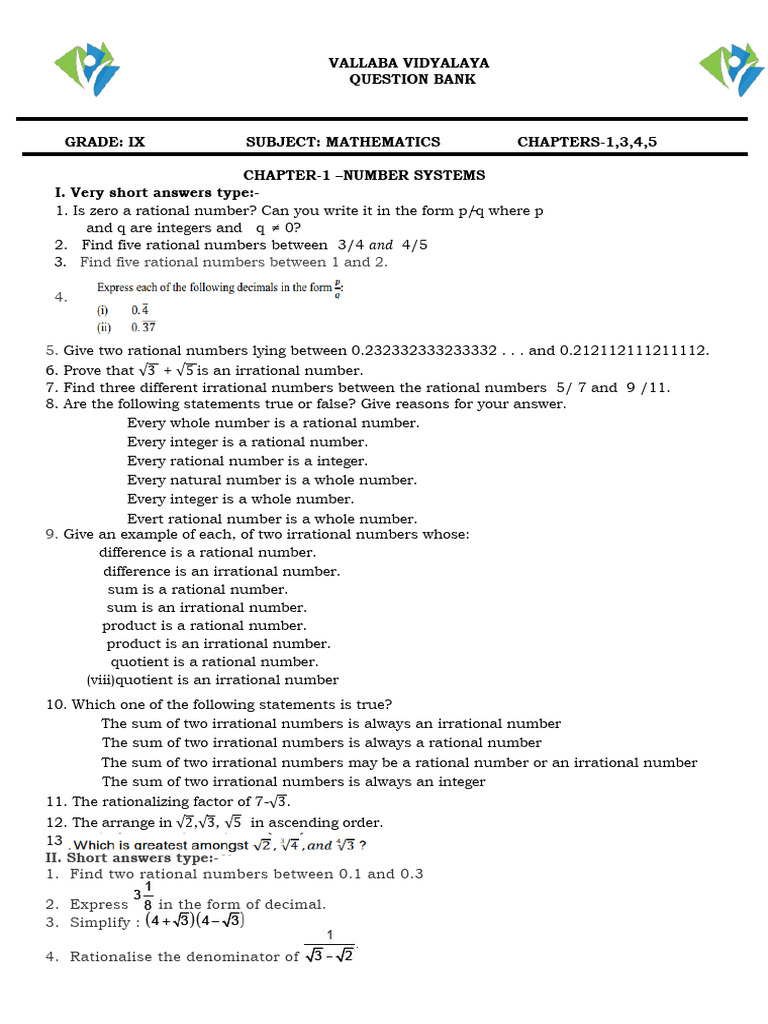 Grade IX Mathematics Question Bank | PDF | Cartesian Coordinate System ...