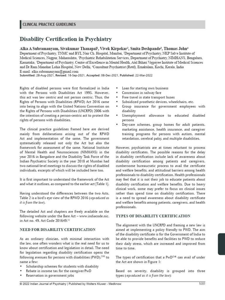 Disability Certification in Psychiatry.22 | PDF | Mental Disorder ...
