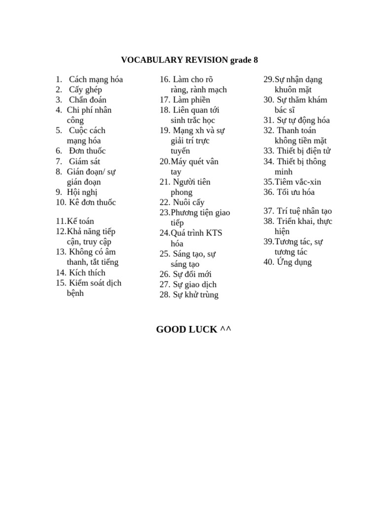Vocabulary Revision Grade 8 | PDF