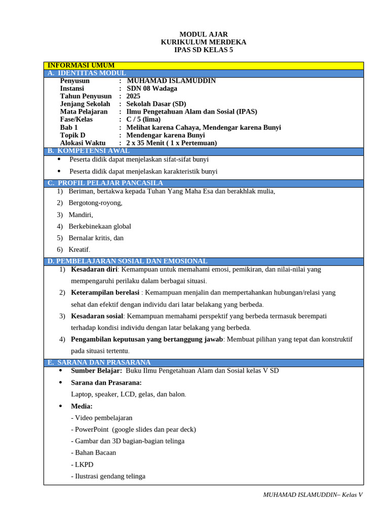 Modul IPAS Kelas 5: Bunyi dan Telinga | PDF
