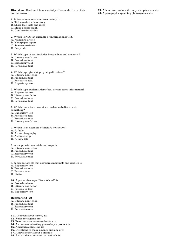 Informational Text Test Mixed Format | PDF