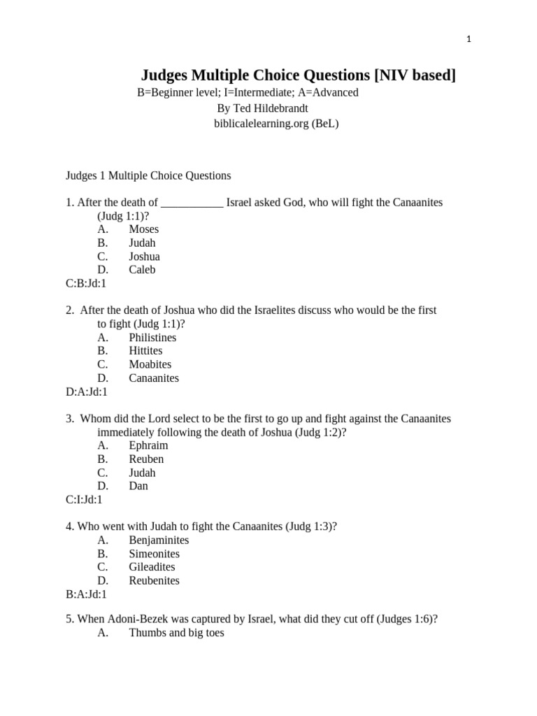 Judges Multiple Choice Quiz: NIV Edition | PDF | Ancient Israel And ...
