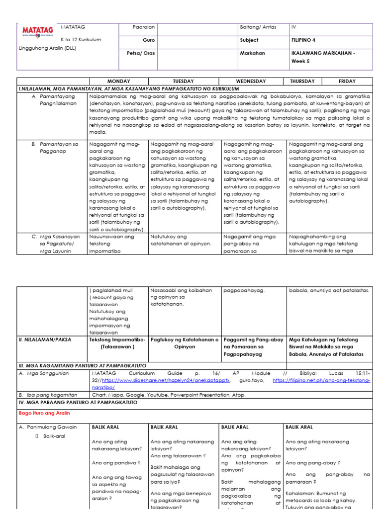 DLL Filipino G4 Q2 W5 | PDF