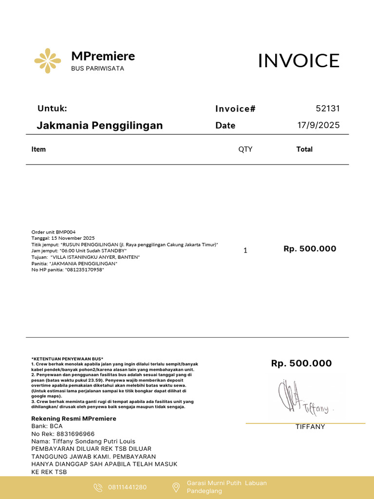 Invoice Bus Pariwisata Mpremiere Trans PDF | PDF