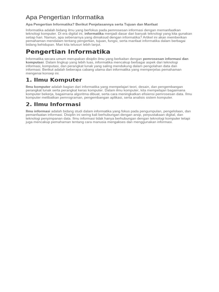 Pengertian dan Tujuan Informatika | PDF