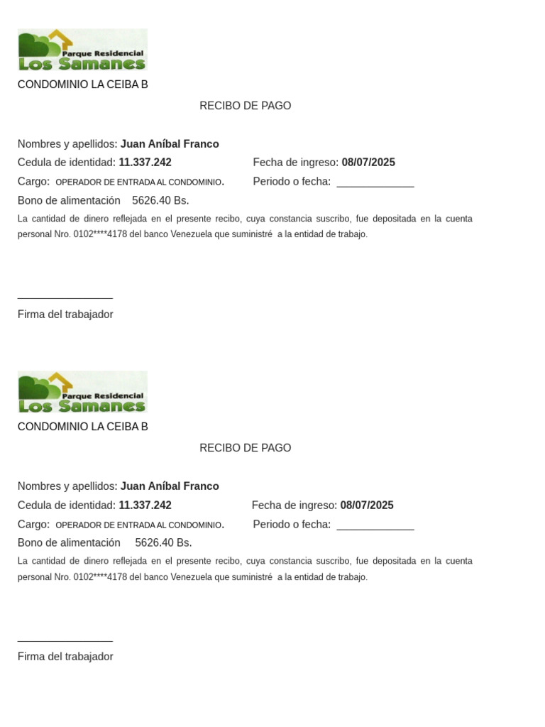 Modelo Recibo de Pago Bono Alimentacion Con Logo B | PDF