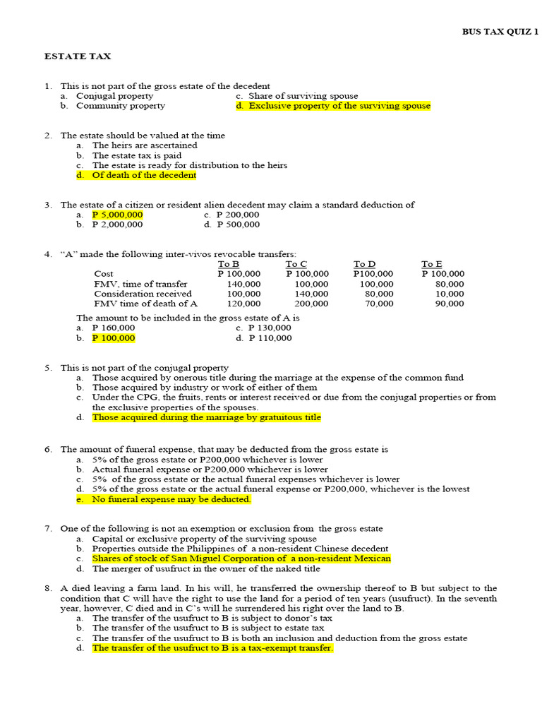 Bus Tax Quiz 1 With Solutions | PDF | Estate Tax In The United States ...