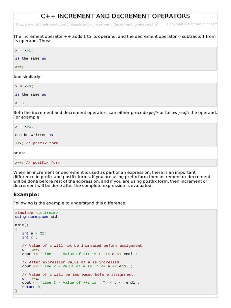 CPP Increment Decrement Operators | PDF