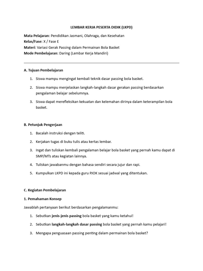 LKPD Pjok Kelas X (Daring) | PDF