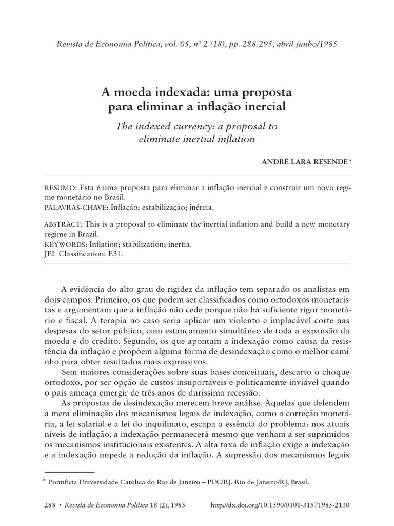 Lara Resende Andre A Moeda Indexada Uma Proposta Pdf Inflação