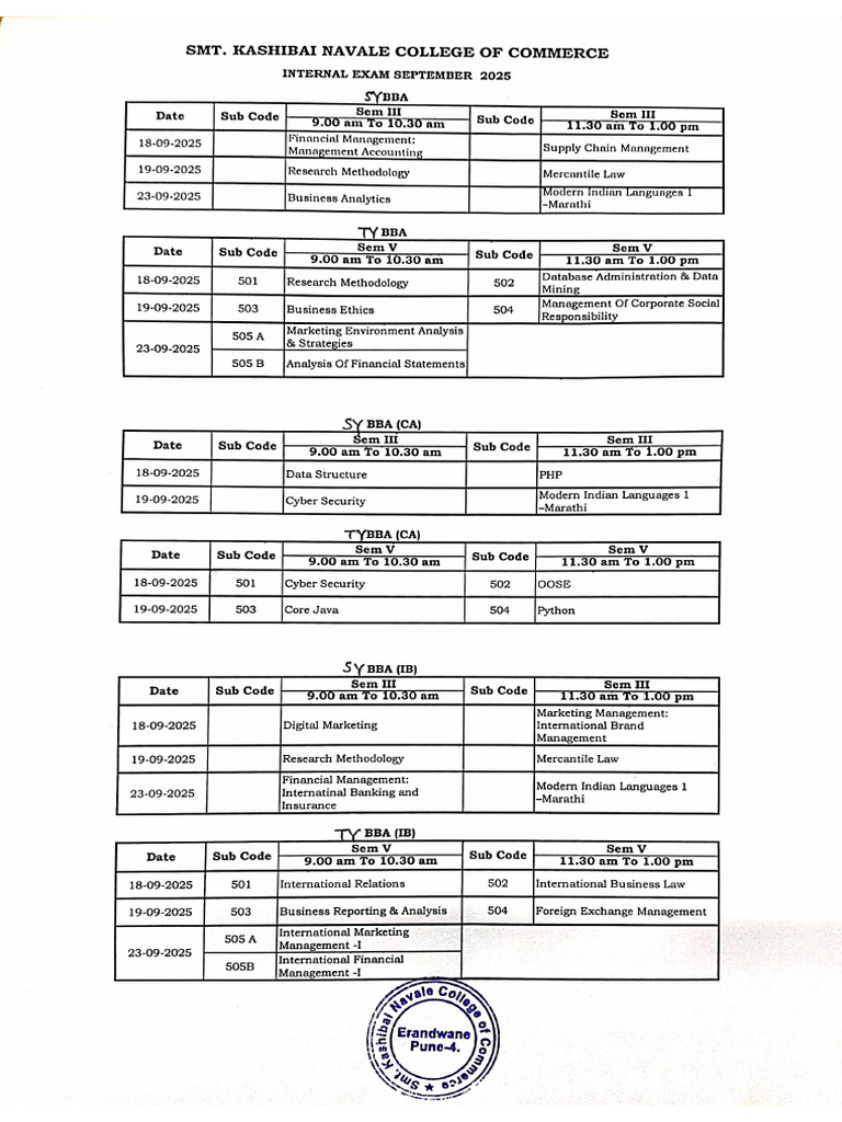Internal Examination Timetable September 2025 | PDF
