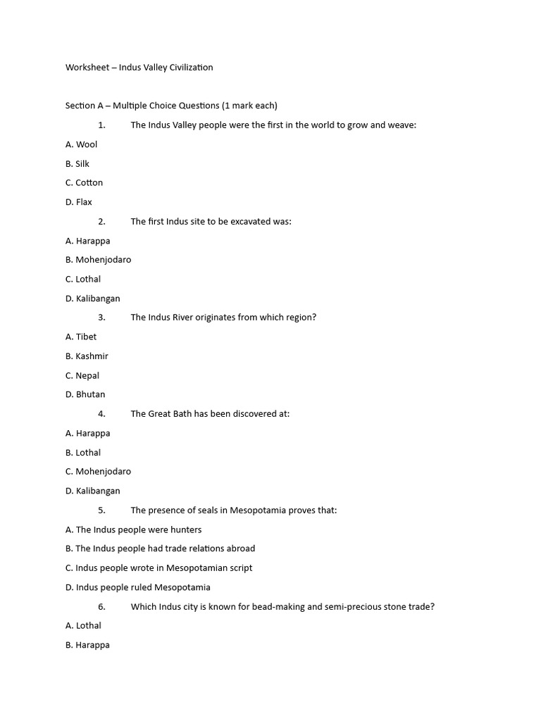 Worksheet - INDUS VALLEY CIVILISATION | PDF | Indus River