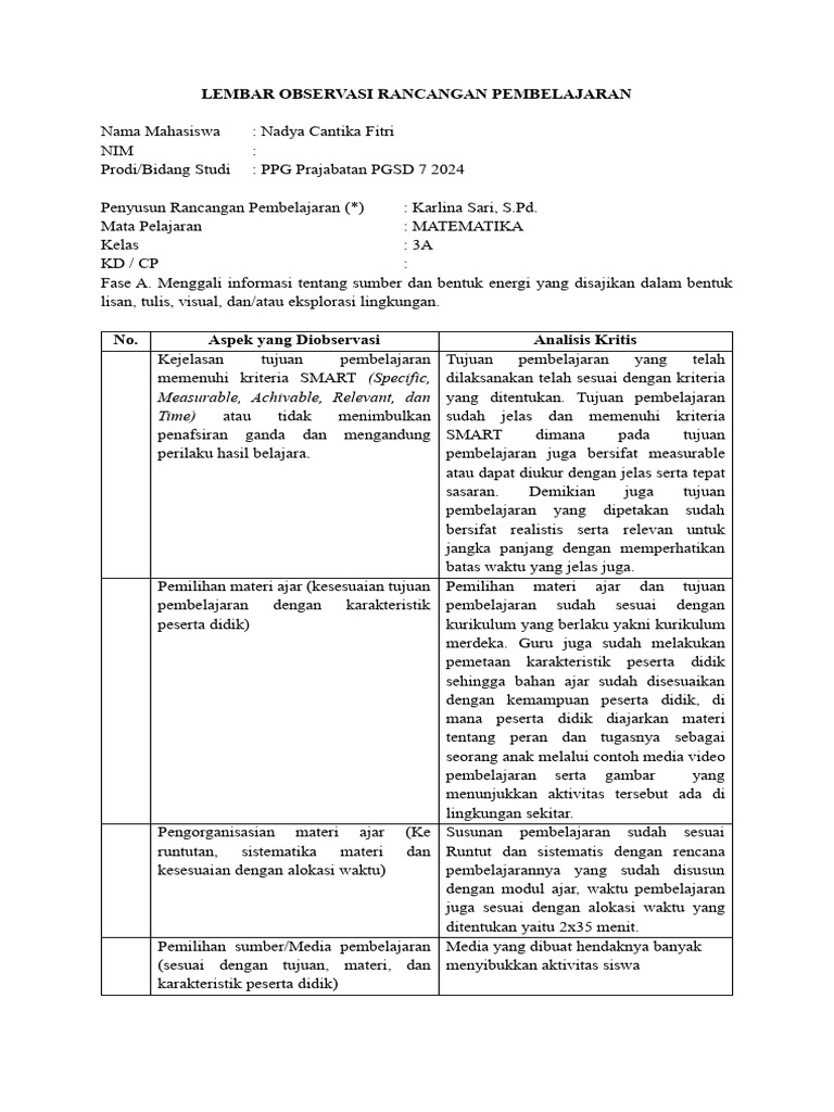 Siklus 1 Lembar Observasi Rancangan Dan Perangkat Pembelajaran | PDF