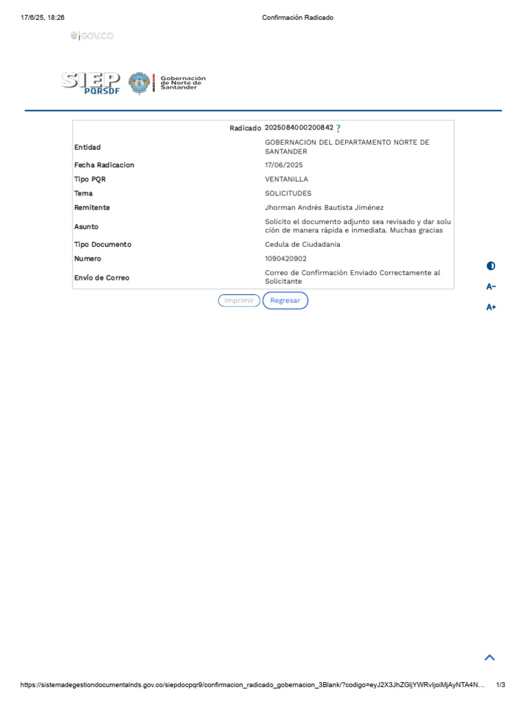 Confirmación Radicado | PDF