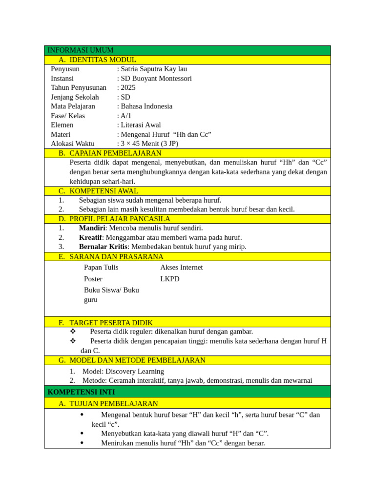 Modul Ajar Mengenal Huruf Hh dan Cc | PDF