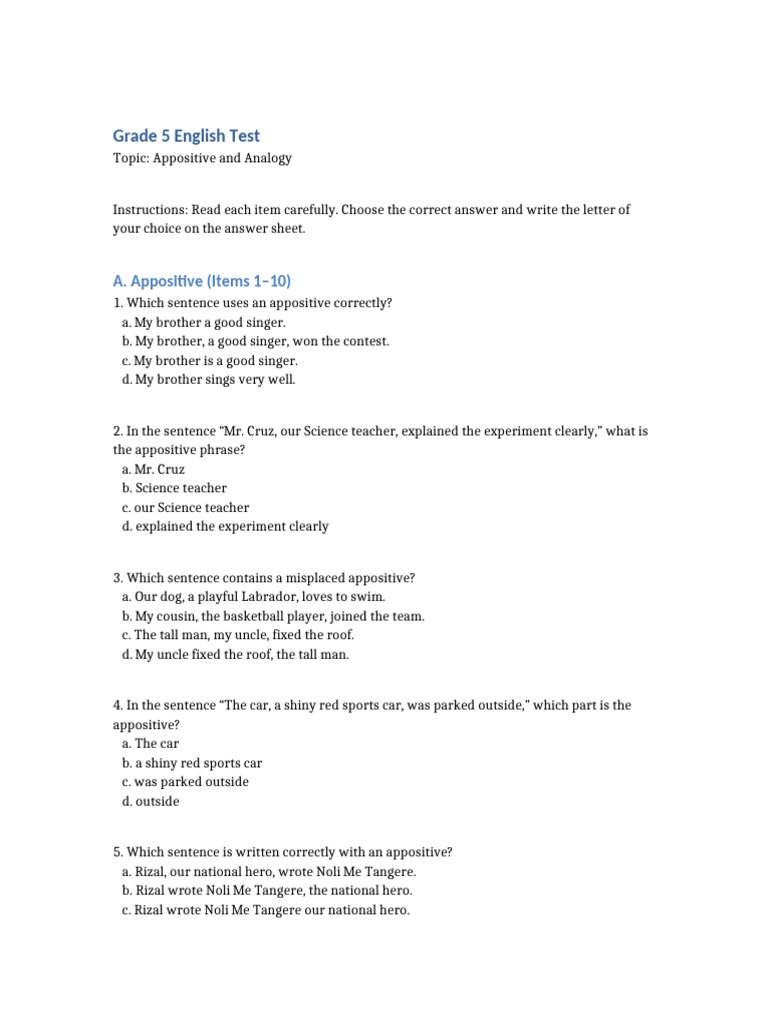 Grade5 English Test Appositive Analogy | PDF