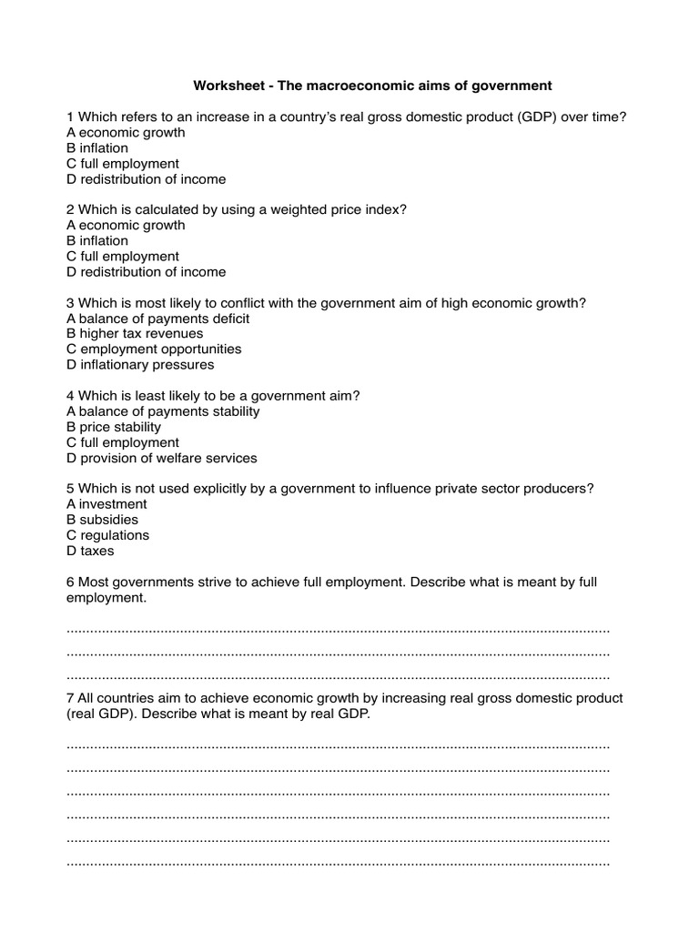 Macroeconomic Aims of Government Worksheet | PDF | Gross Domestic ...