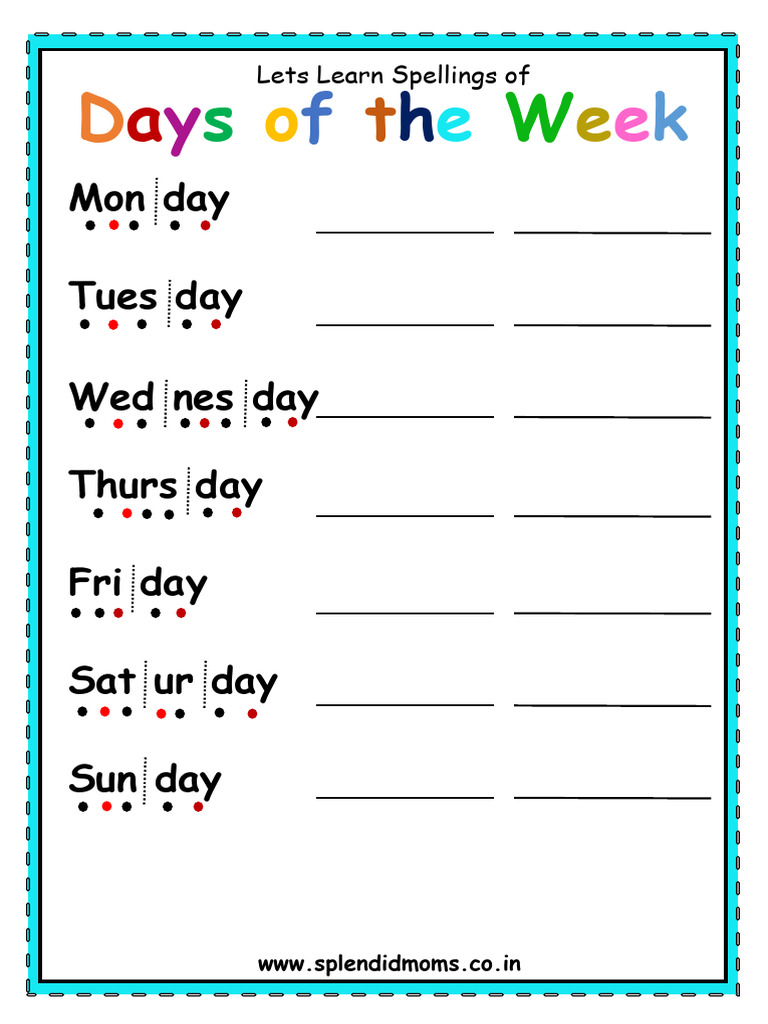Days of The Week Names Learn Spellings | PDF