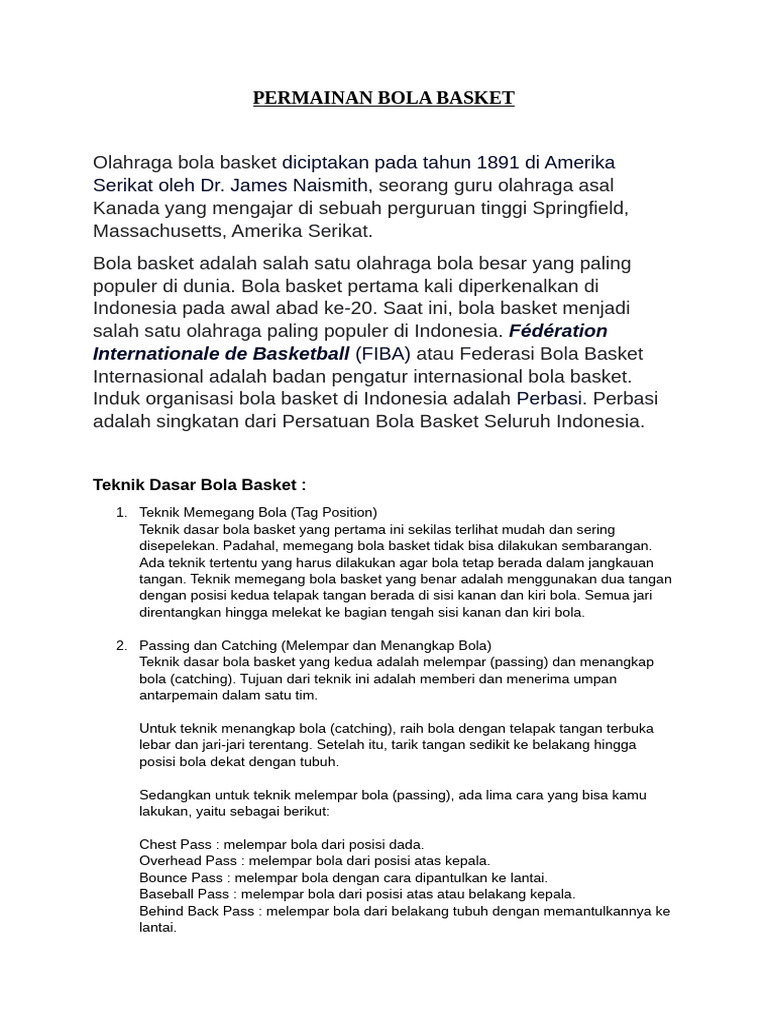 Teknik Dasar Permainan Bola Basket | PDF