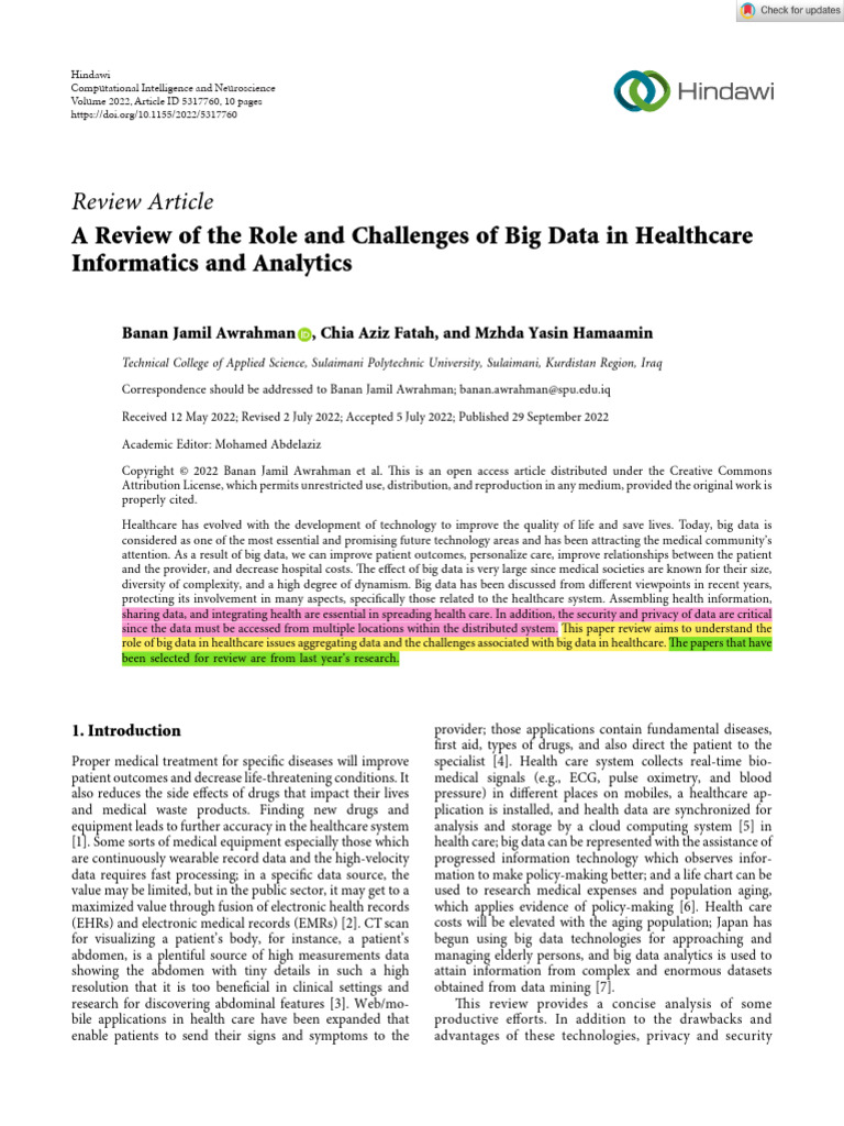 A Review of The Role and Challenges of Big Data in Healthcare | PDF ...