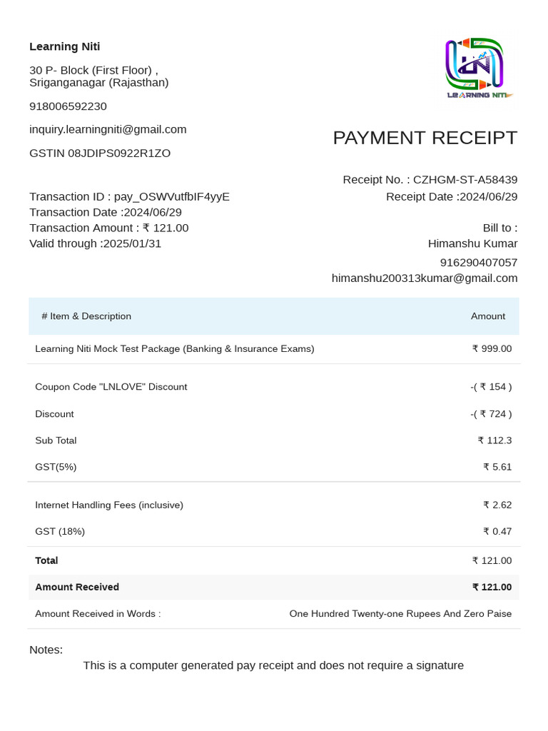 Learning Niti Mock Test Package Banking Insurance Exams 1719652524889 | PDF