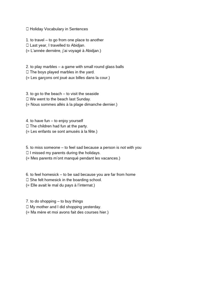 ? Holiday Vocabulary in Sentences - Docx2 | PDF