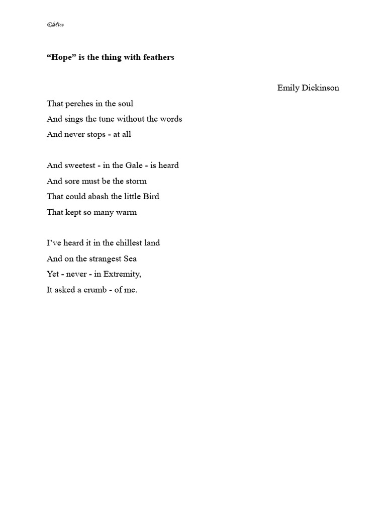 Hope Is The Thing With Feathers - Emily Dickinson | PDF