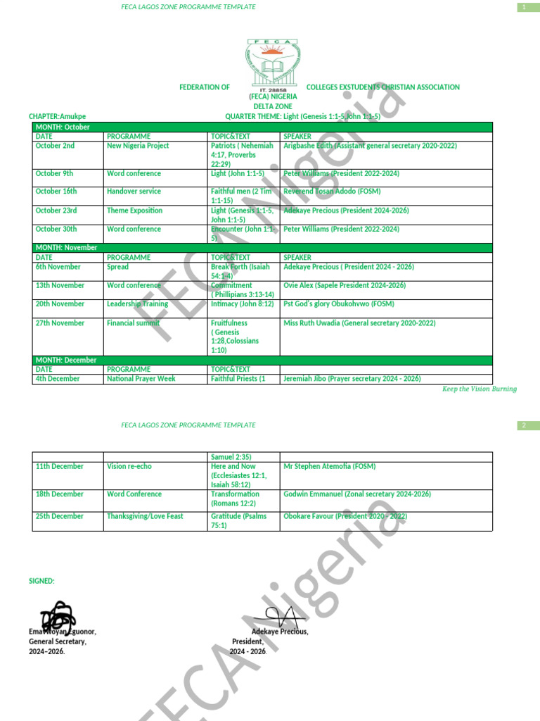FECA Lagos Zone October-December Program | PDF | Books Of The Hebrew ...