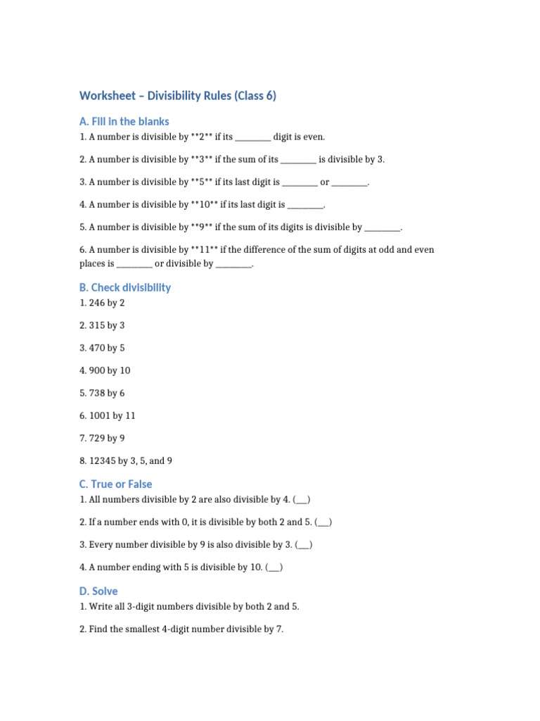 Class 6 Divisibility Rules Worksheet | PDF