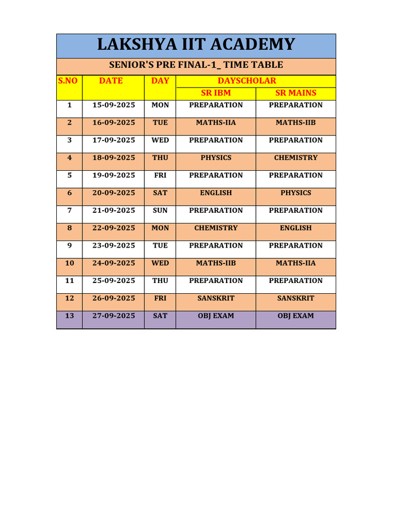 Seniors Pre Final Exam Time Table | PDF